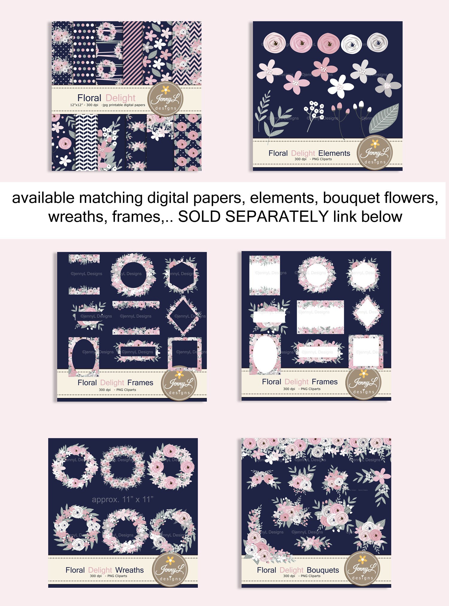 Navy Blue Floral Digital Paper Pastel Pink Wedding Flower - Etsy