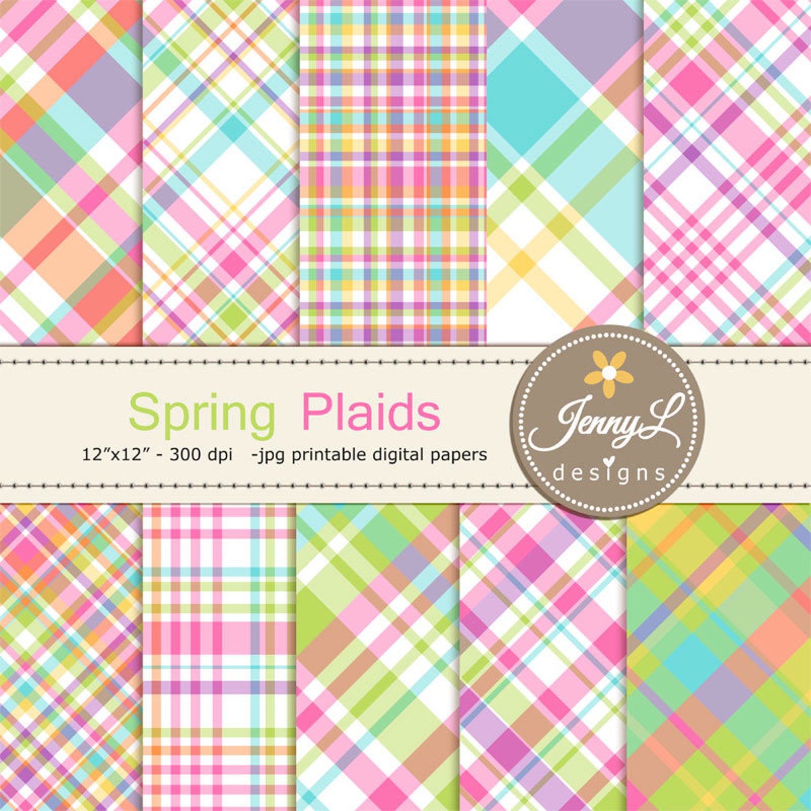Spring Plaids Digital Papers, Summer Digital Scrapbookingpaper ...