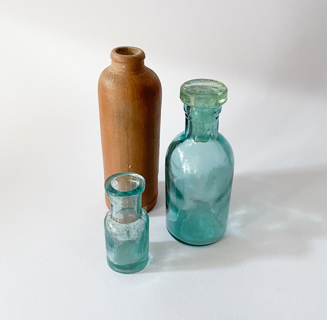 Set of 3 Antique Small, Miniature Glass Laboratory, Perfume Bottles ...