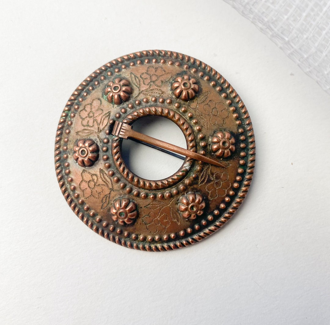 Vintage Copper Ethnic Brooch, Large Round Latvian National Brooch ...