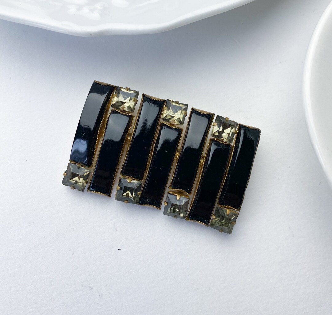January SALE. Vintage Brass Brooch With Black and Transparent Glass ...