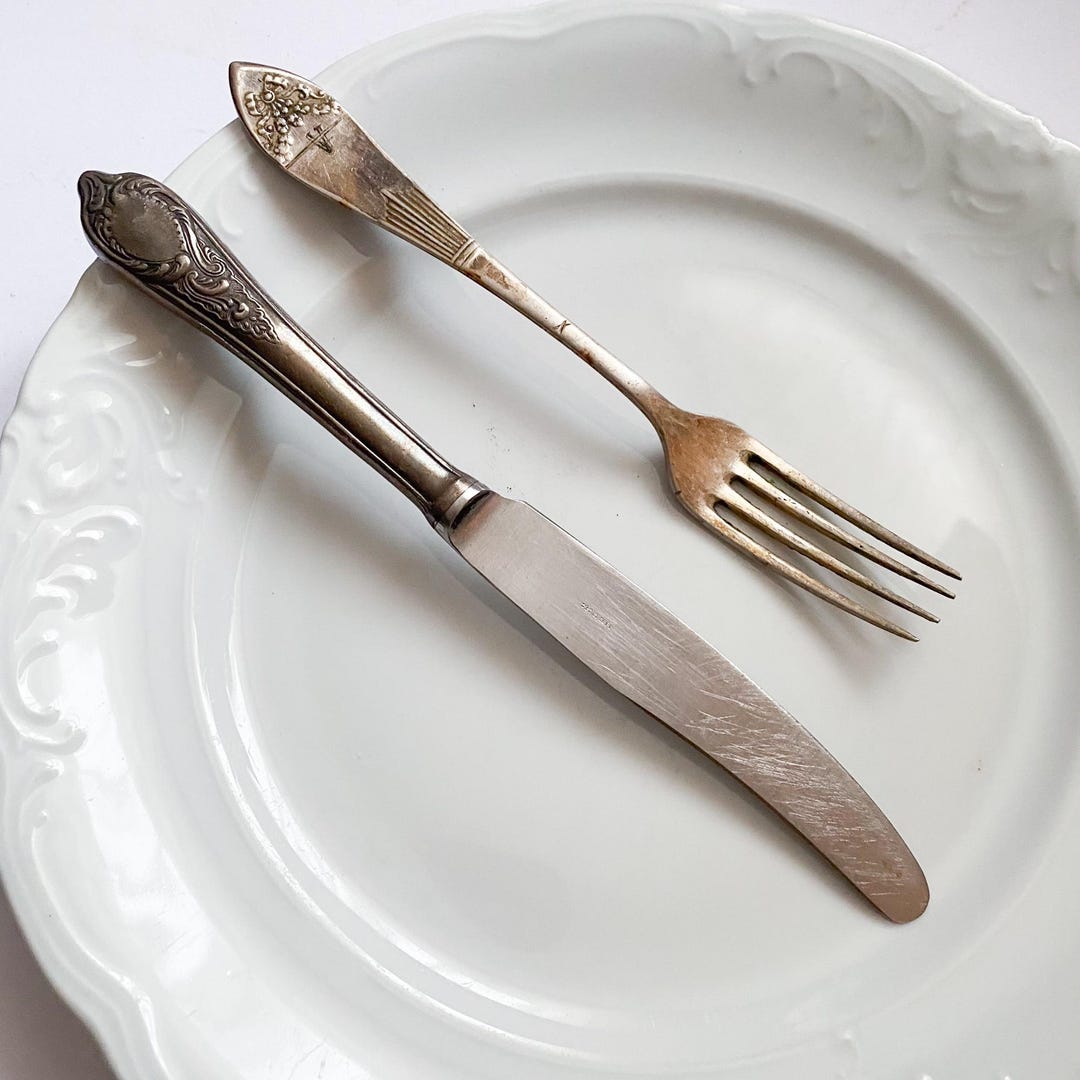 Set of 2 Antique, Old Fork and Knife, Alpaca and Metal, Art Nouveau ...