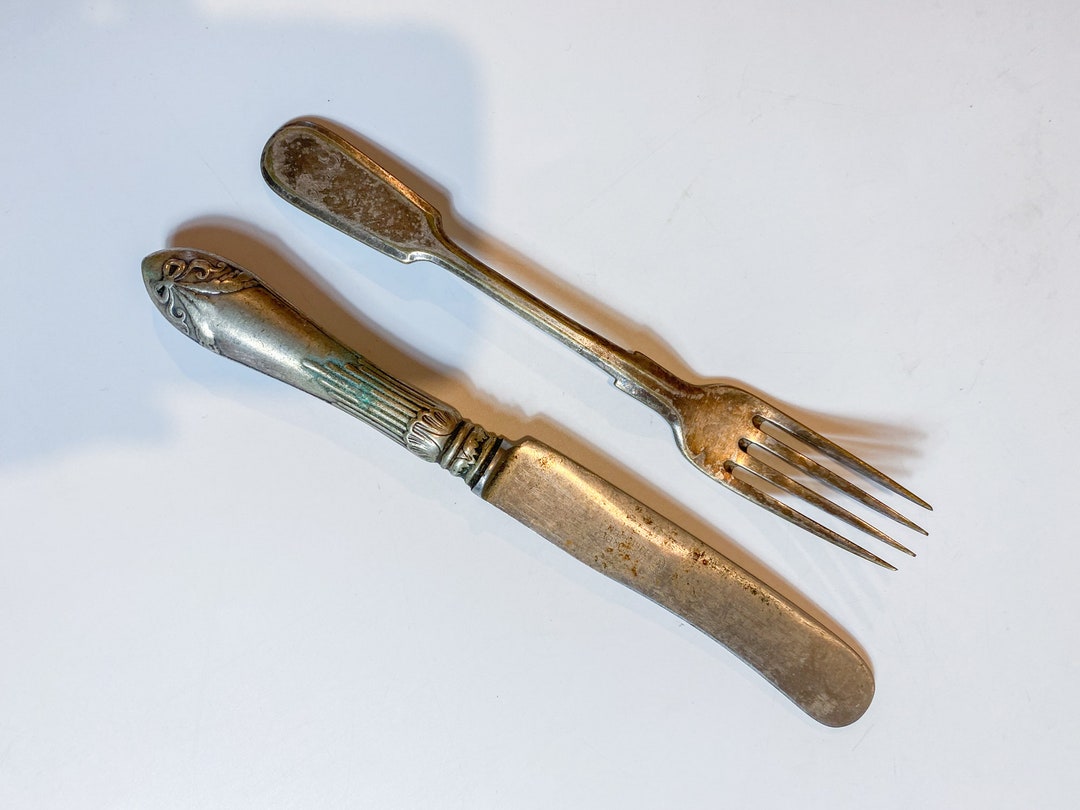 Set of 2 Antique, Old Fork and Knife, Alpaca and Metal, Art Nouveau ...