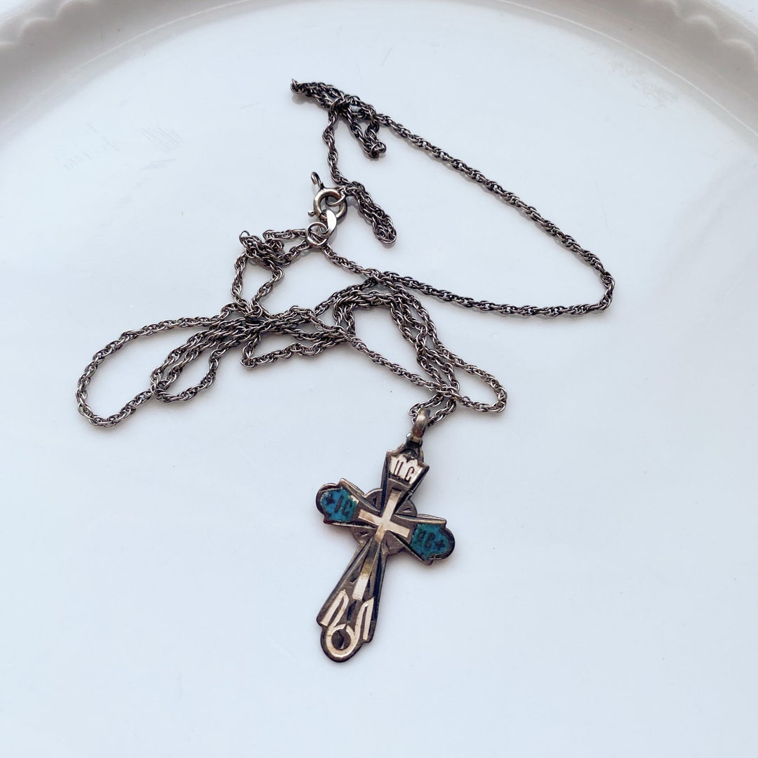 Antique Necklace, Sterling Silver Orthodox Religious Cross Shaped Charm ...