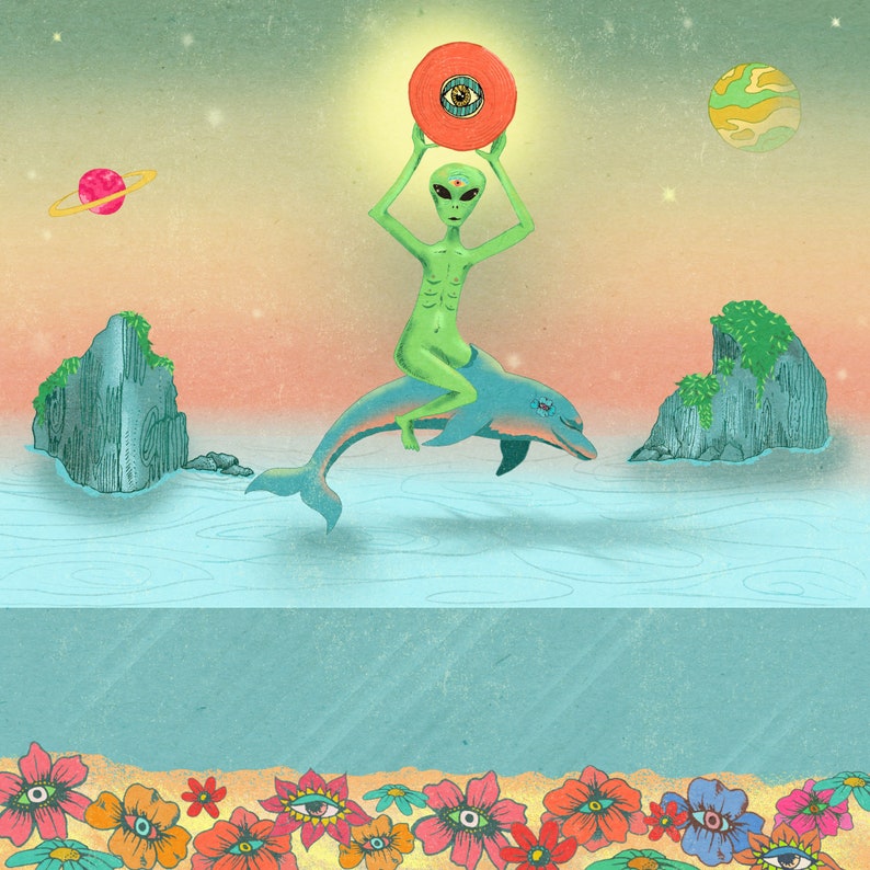 ALIEN Riding a DOLPHIN Square Giclée Print Space Adventures Art, Under ...