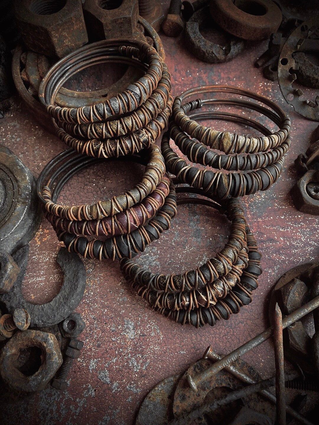 Slimline Leather & Rust Bangle Sets Industrial Wasteland Tribal Rust ...