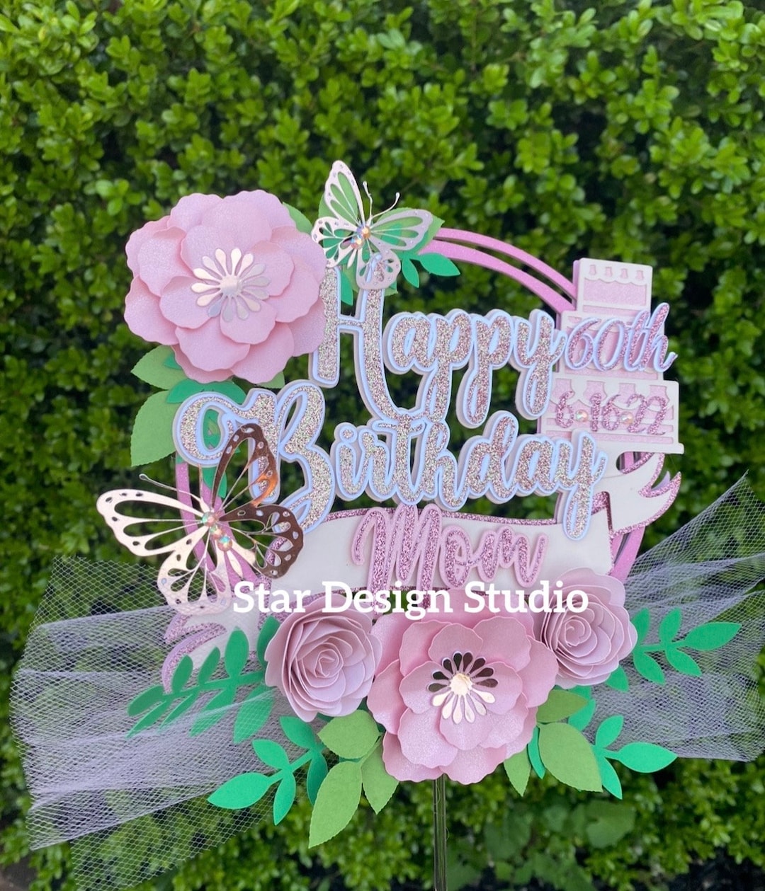 Girl Cake Topper. Butterfly and Flower Rose Gold, Pink Birthday Cake ...