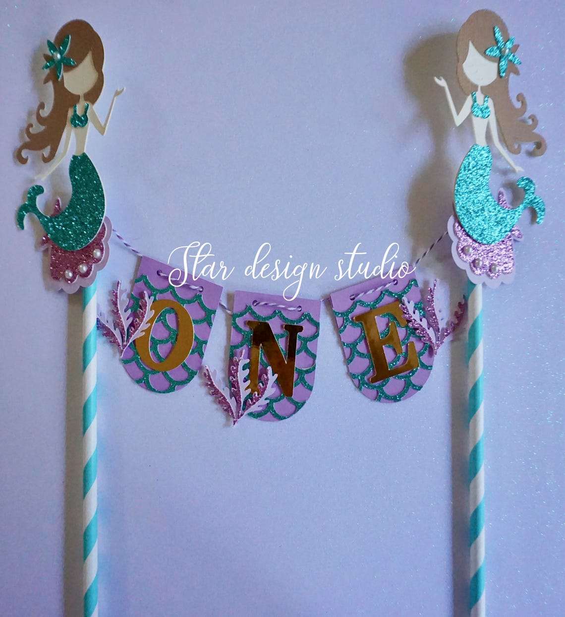 Mermaid Cake Topper one Purple Teal and Foil Gold - Etsy