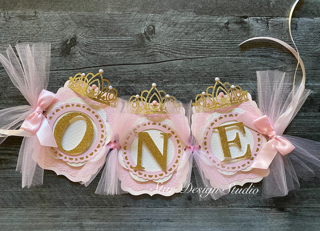 Princess Birthday Banner: Gold Crown, Pink Embossed Flags - Etsy
