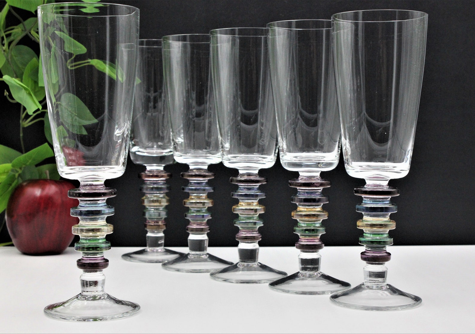 10.5 Oz Block Crystal CARNIVAL Wine Glasses Water Goblets, Hand Cut Mouth Blown Rainbow Lead ...