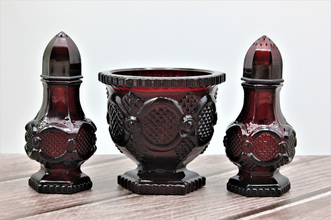 Avon Cape Cod SALT & PEPPER Shakers W SUGAR Bowl Ruby Red Table Service ...