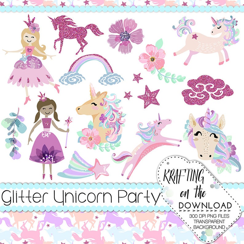 Unicorn Clipart Pink Glitter Unicorn Clip Art Princess Pastel | Etsy