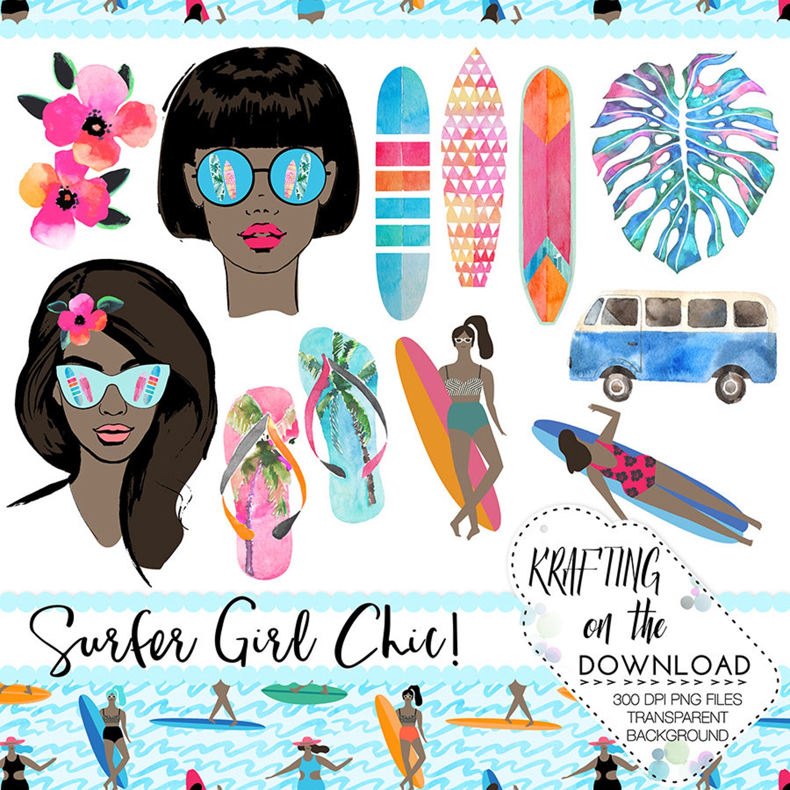 Watercolor Surf Girl Clipart Png File Watercolor Surfer Girl - Etsy