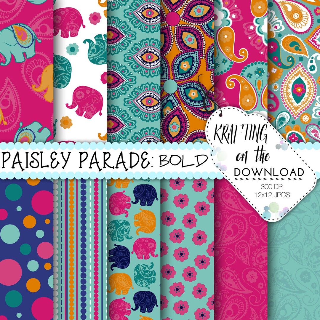 Pink and Navy Elephant Digital Paper Pack Paisley Boho Floral Boho Chic ...
