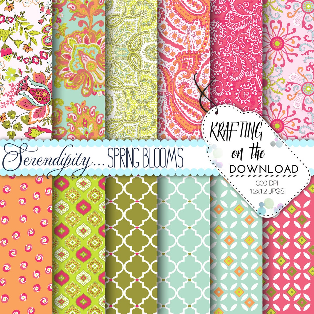 Spring Paisley Digital Paper Pack Shabby Chic Pink Olive Green Aqua ...