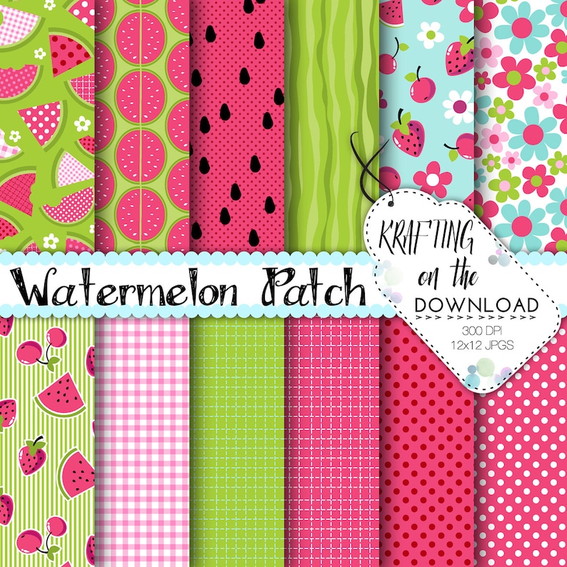 Watermelon Digital Paper Pack Summer Picnic Watermelon Patch Pink Green ...