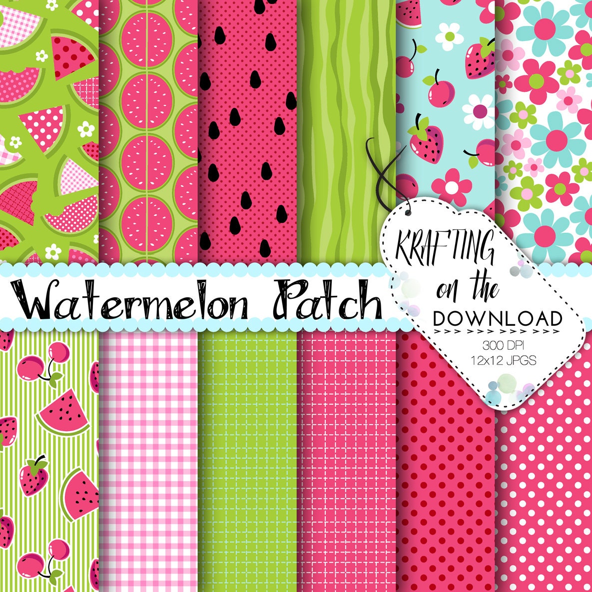Watermelon digital paper pack summer picnic watermelon patch | Etsy