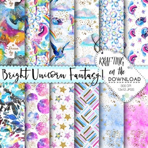 Unicorn Paper Pack Bright Watercolor Unicorn Digital Paper Watercolor ...