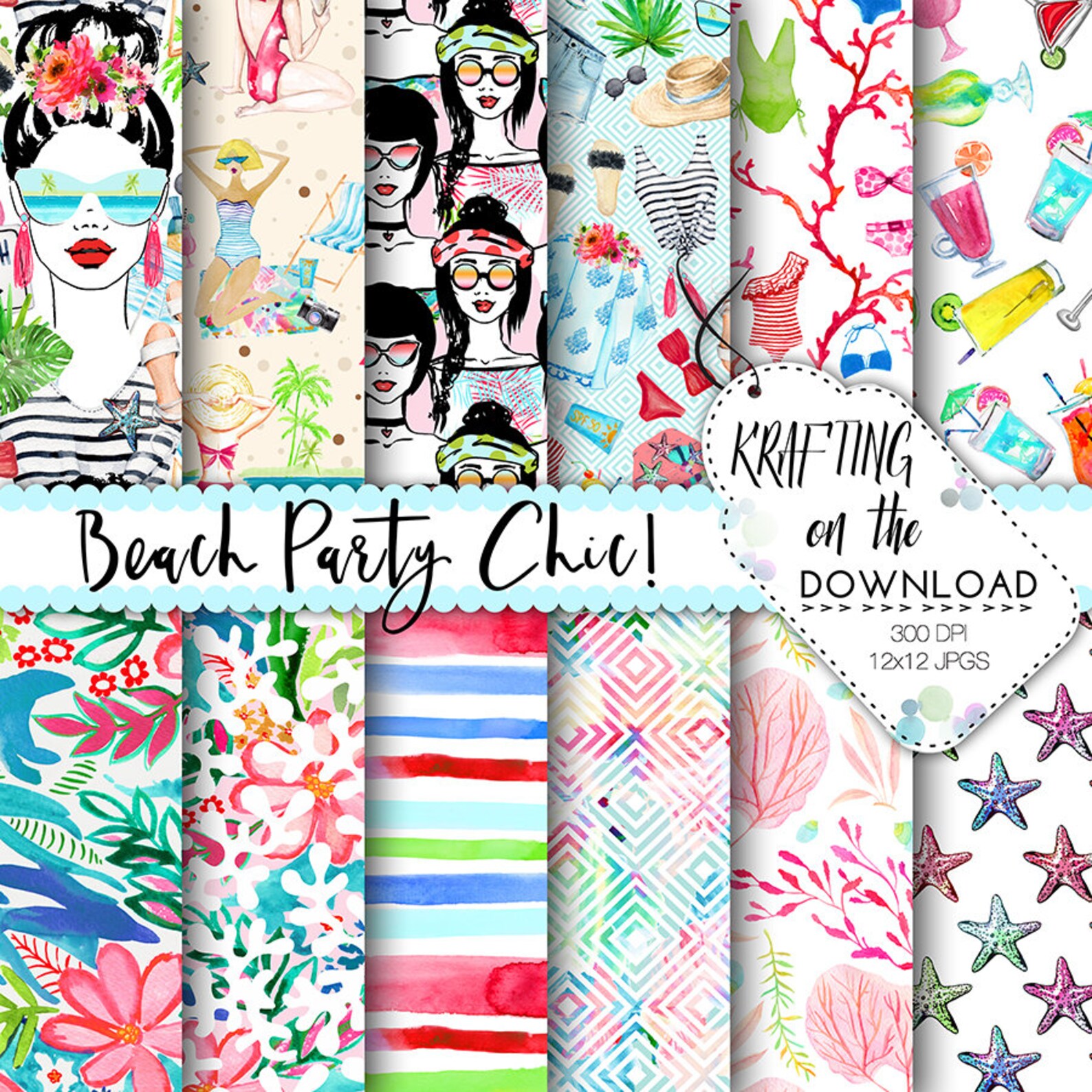 Watercolor Beach Girl Paper Pack Beach Digital Paper Beach - Etsy