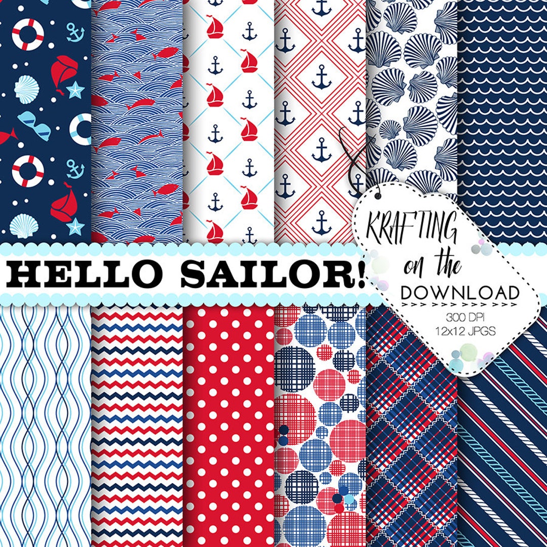 Navy and Red Nautical Digital Paper Navy Preppy Digital Papers Anchor ...