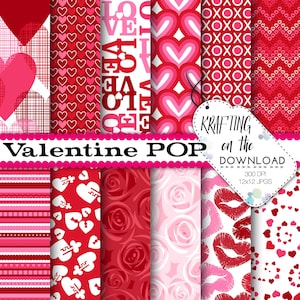 Valentine Paper Pack With Pink Rose Digital Paper Hearts Paper Pack ...