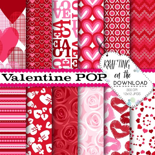 Valentine Paper Pack With Pink Rose Digital Paper Hearts Paper - Etsy