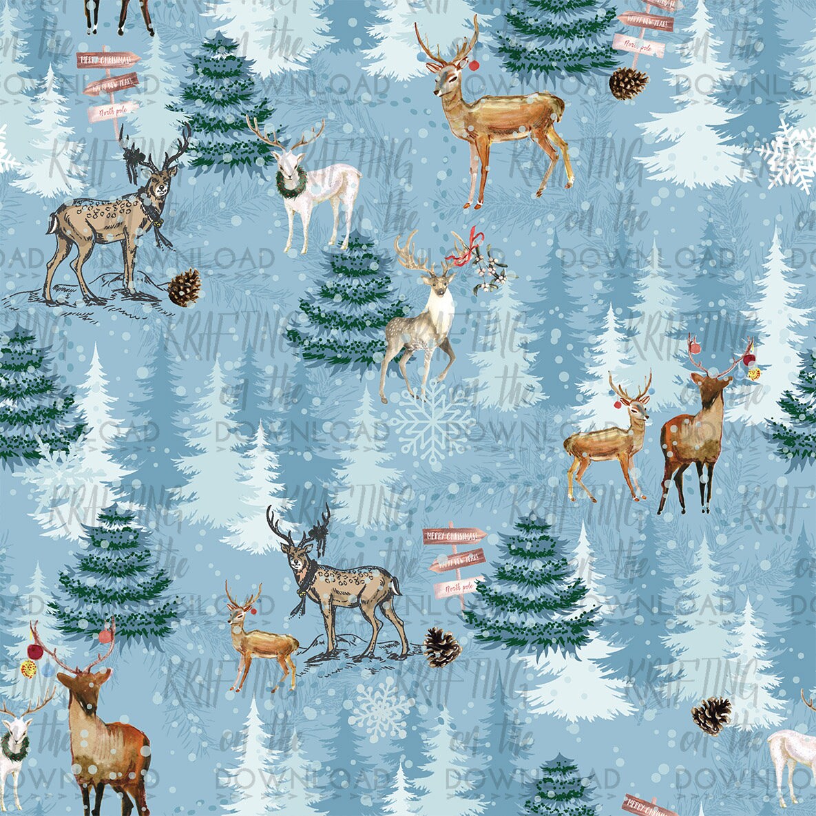 Christmas Blue Paper Pack Reindeer Paper Pack Reindeer Digital | Etsy