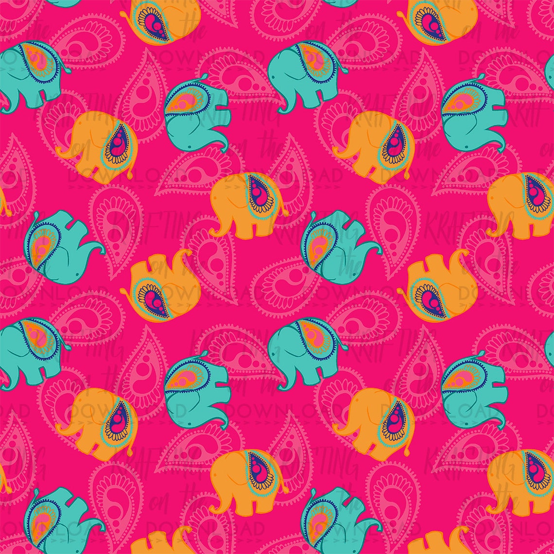 Pink and Navy Elephant Digital Paper Pack Paisley Boho Floral Boho Chic ...