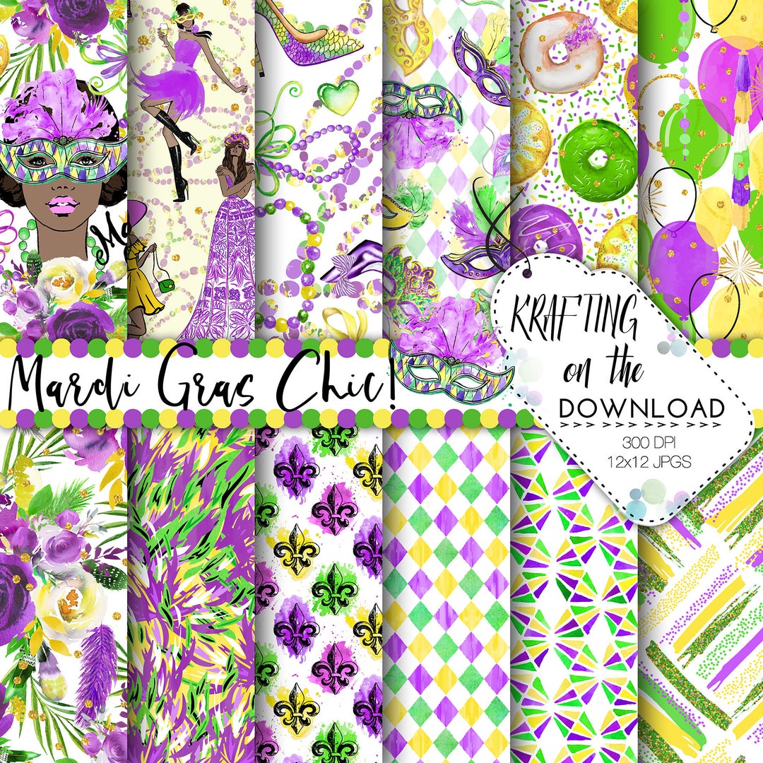 Mardi Gras Digital Paper Watercolor Mardi Gras Paper Pack Watercolor ...