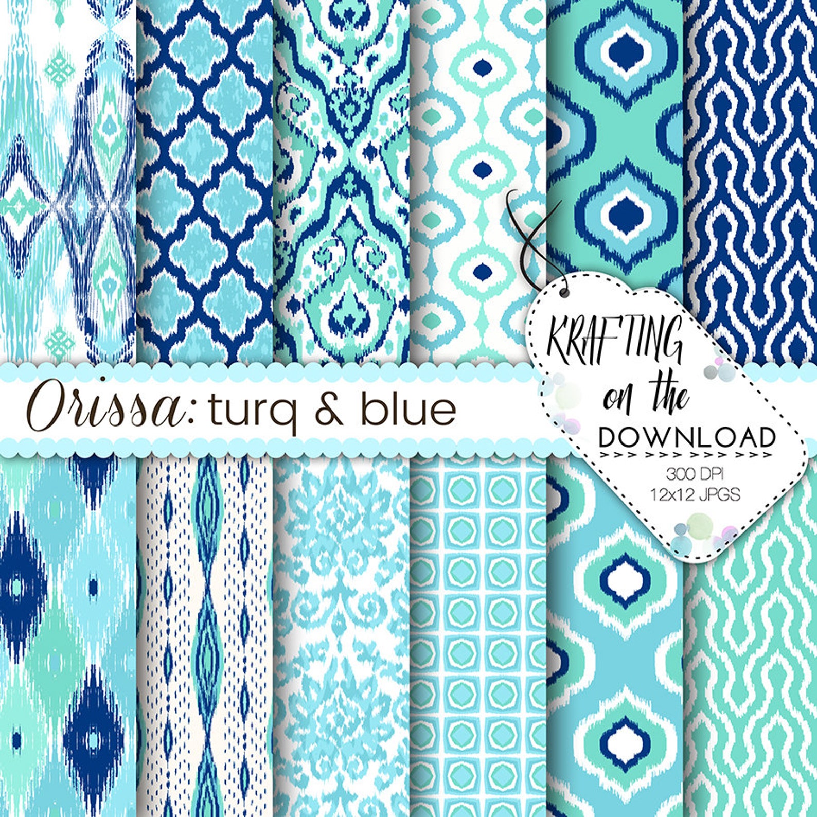 Turq and Blue Ikat Digital Paper Pack Ikat Design Turquoise, Blue, Navy ...