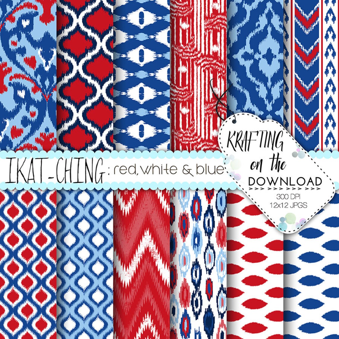 Red White and Blue Digital Paper Pack Ikat Design Red Blue - Etsy