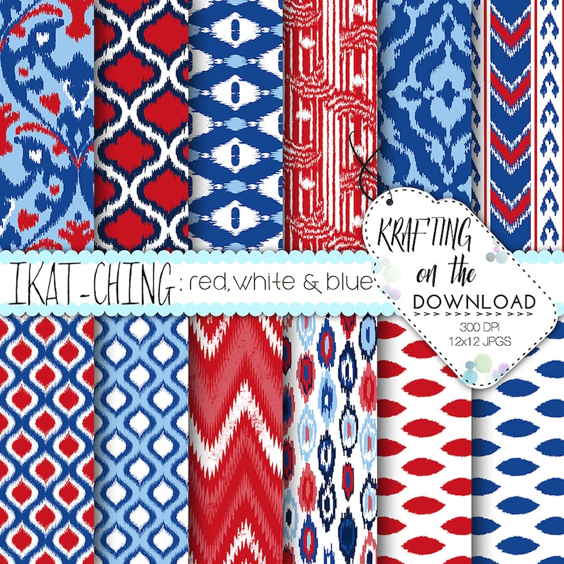 Red White and Blue Digital Paper Pack Ikat Design Red Blue - Etsy