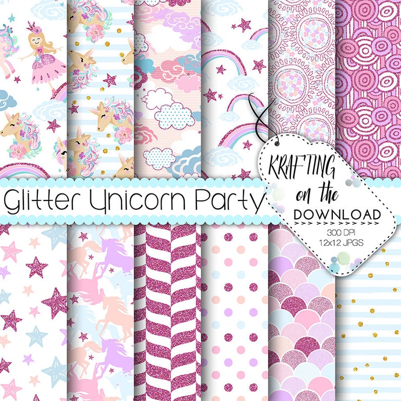 Unicorn paper pack pink glitter unicorn digital paper princess | Etsy