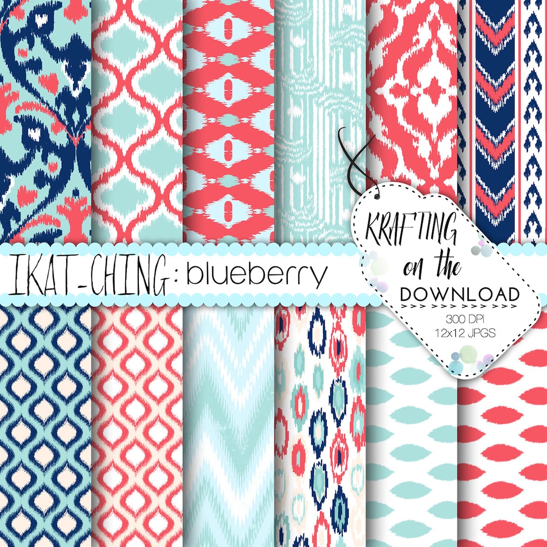 Coral and Teal Digital Paper Pack Ikat Design Coral Mint Teal Navy ...