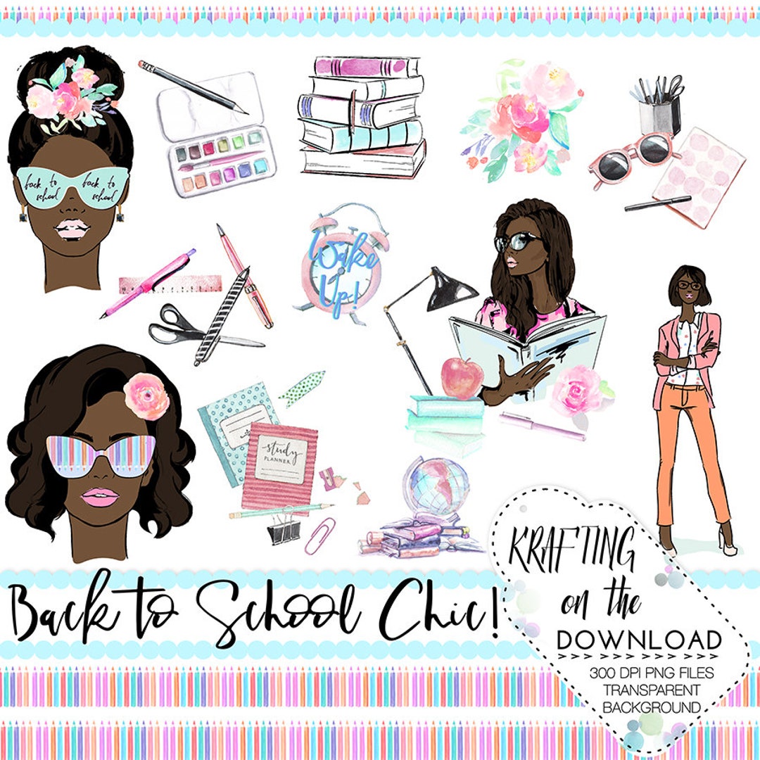 Back to School Clipart Set Watercolor African American Planner Girl ...