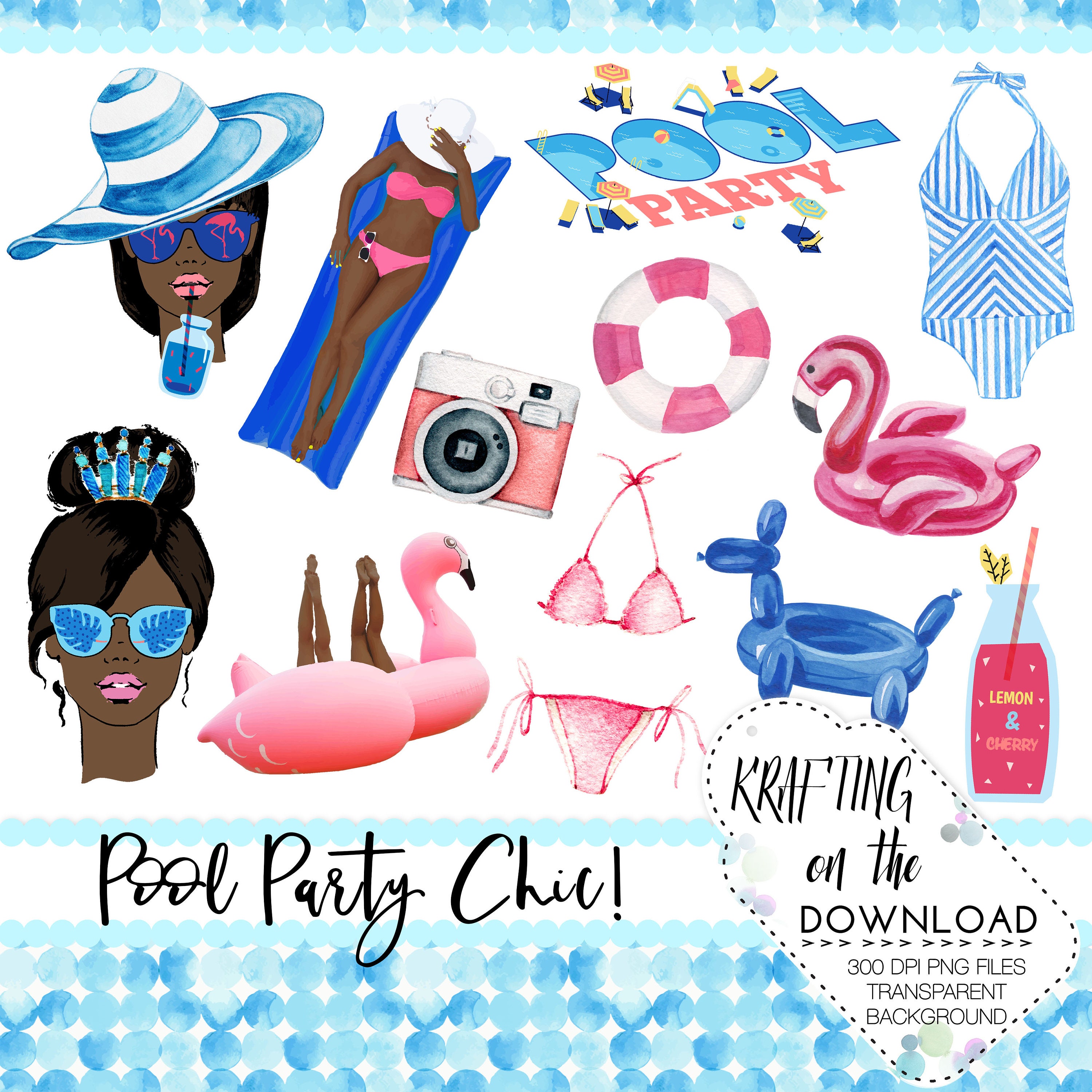 Watercolor pool party clipart png file watercolor african | Etsy