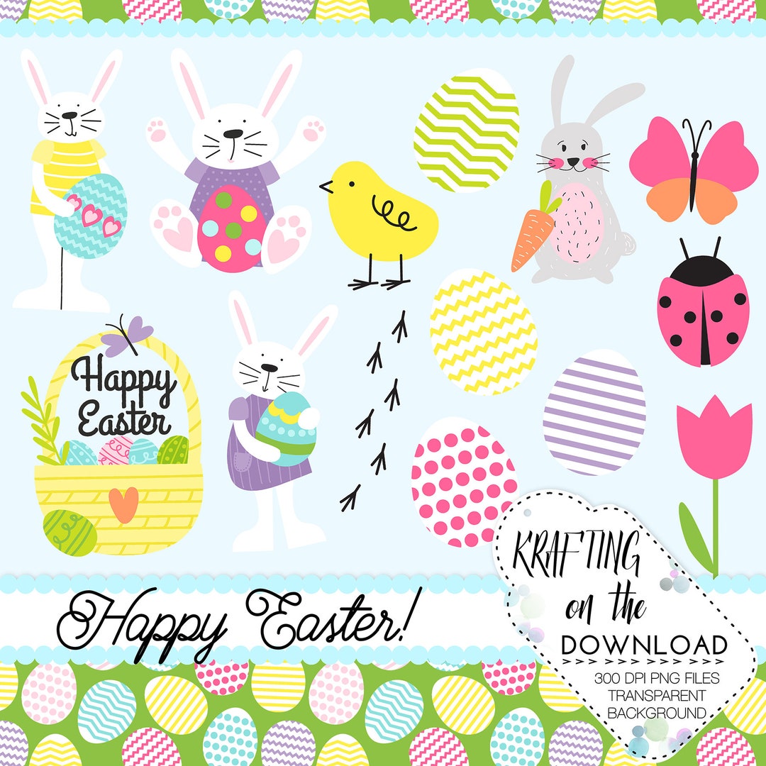 Happy Easter Clip Art Set Bright Easter Bunny Clipart Set Cute Easter ...