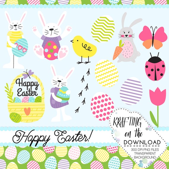 Happy Easter Clip Art Set Bright Easter Bunny Clipart Set Cute | Etsy