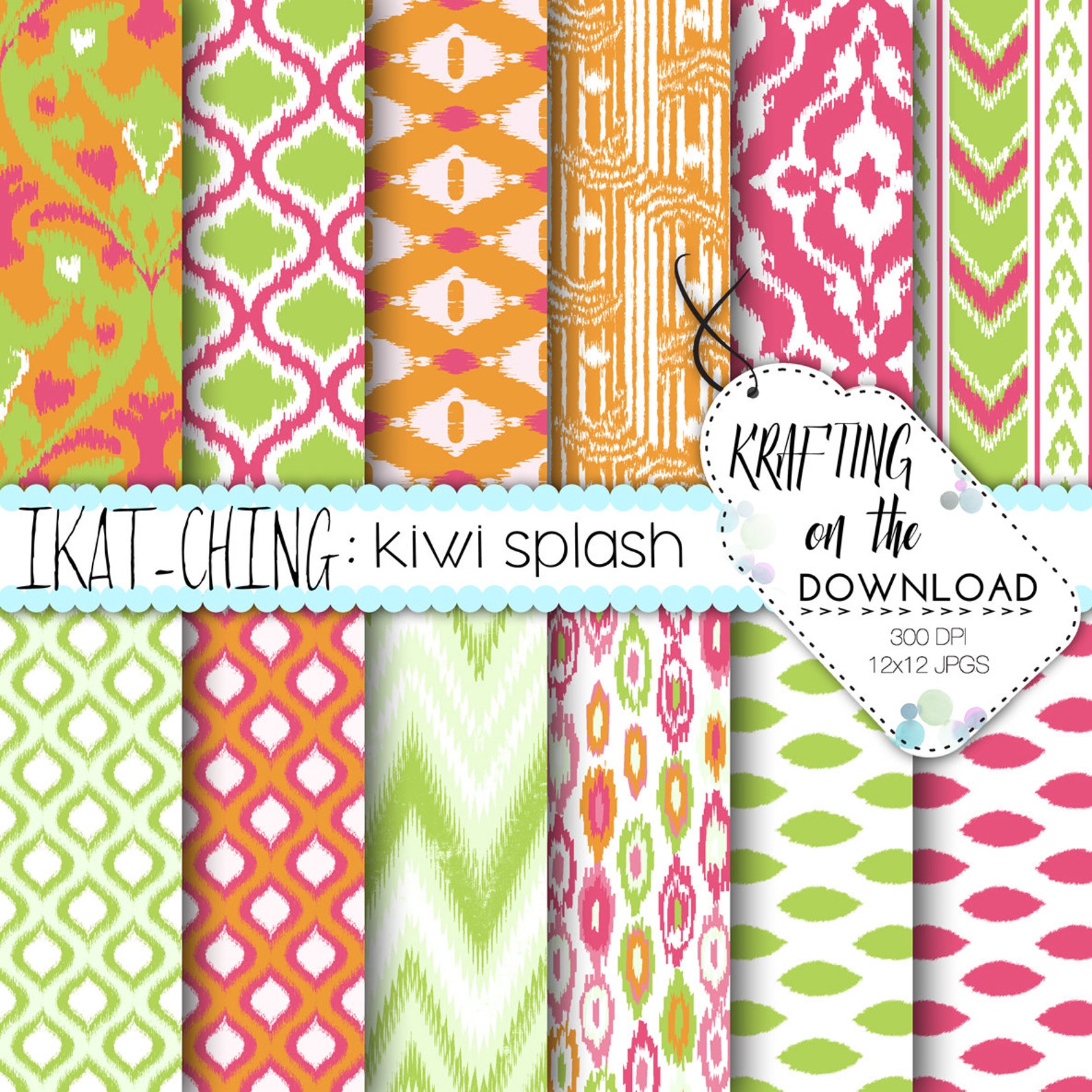 Tropical Pink Green Orange Digital Paper Pack Ikat Digital - Etsy