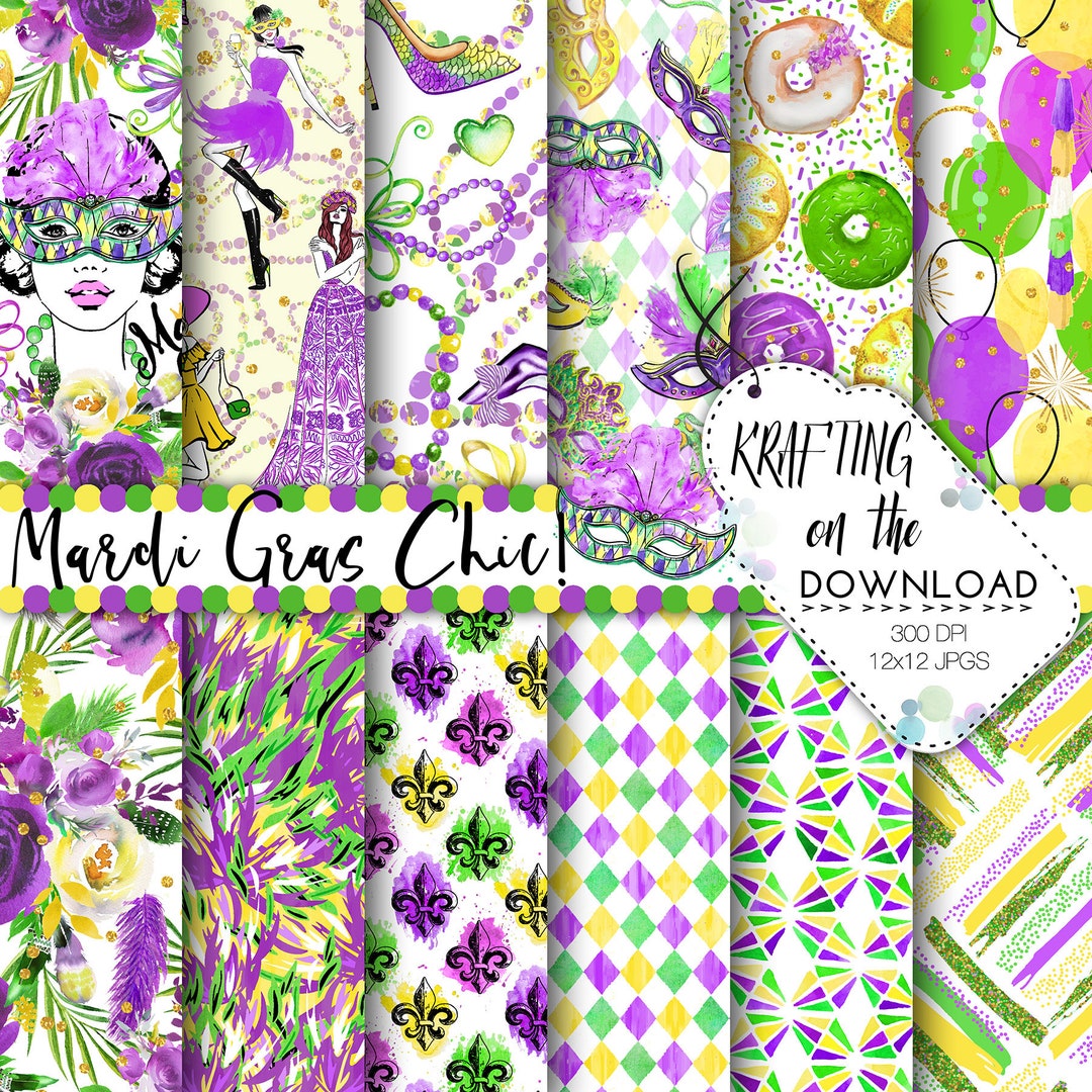 Mardi Gras Digital Paper Watercolor Mardi Gras Paper Pack Watercolor ...