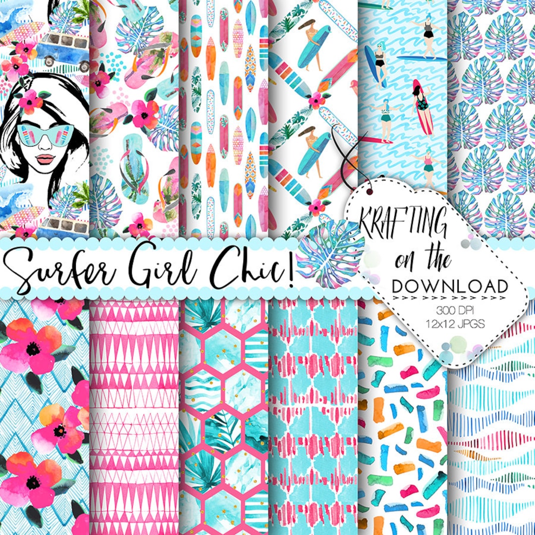 Watercolor Surfer Girl Paper Pack Surf Girl Digital Paper Surfer ...