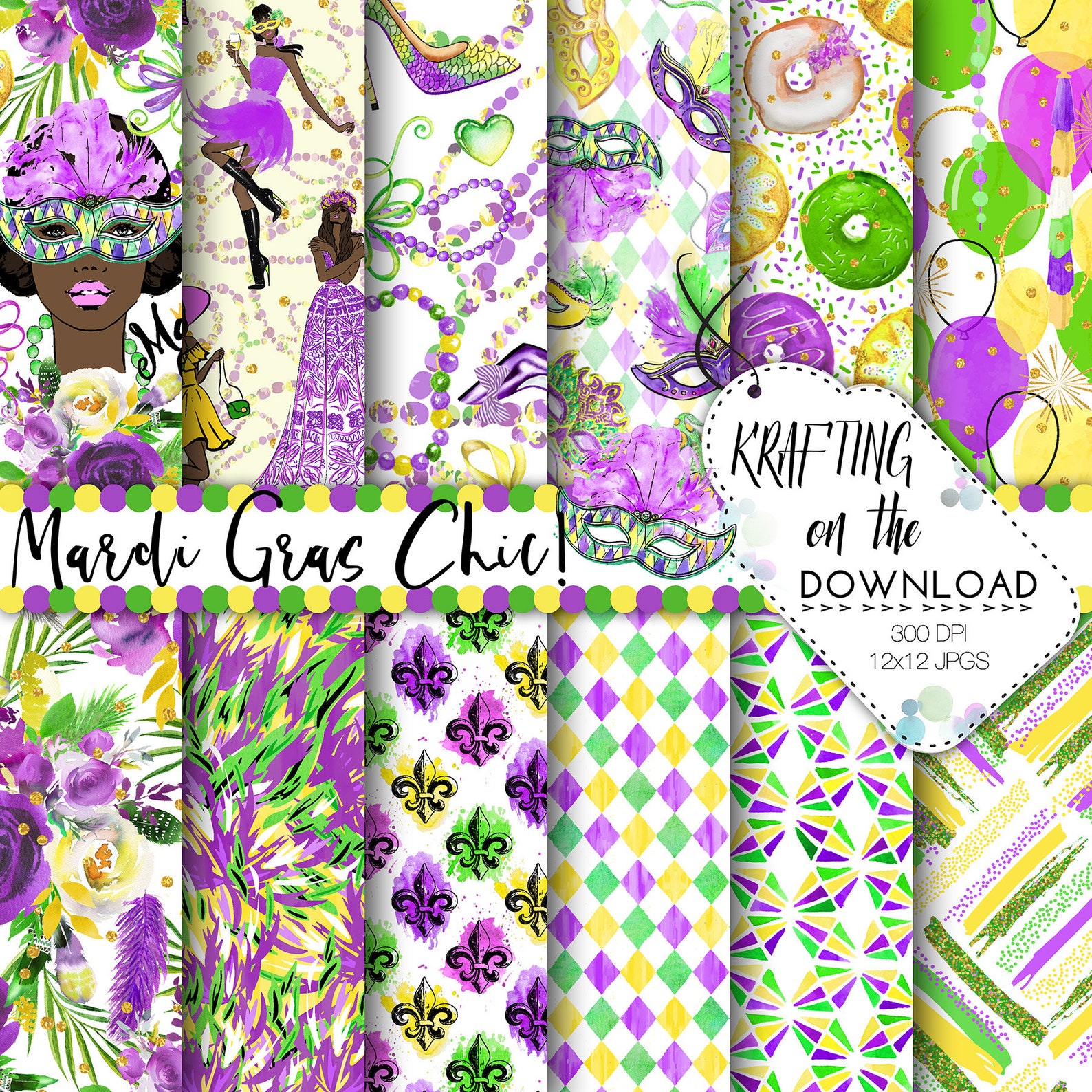 Mardi Gras Digital Paper Watercolor Mardi Gras Paper Pack | Etsy