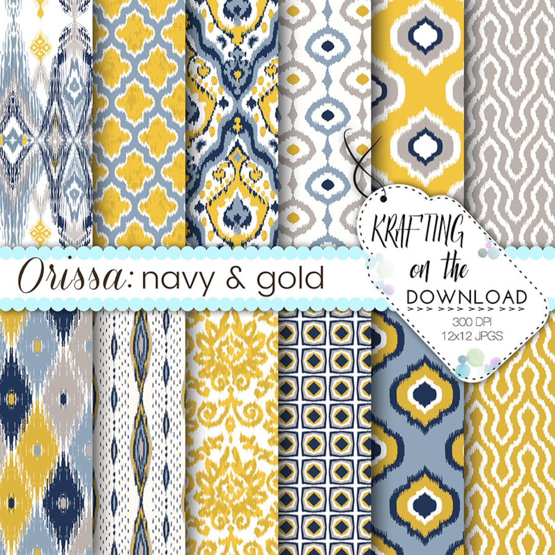 Navy and Gold Ikat Digital Paper Pack Ikat Design Navy Blue, Gold ...