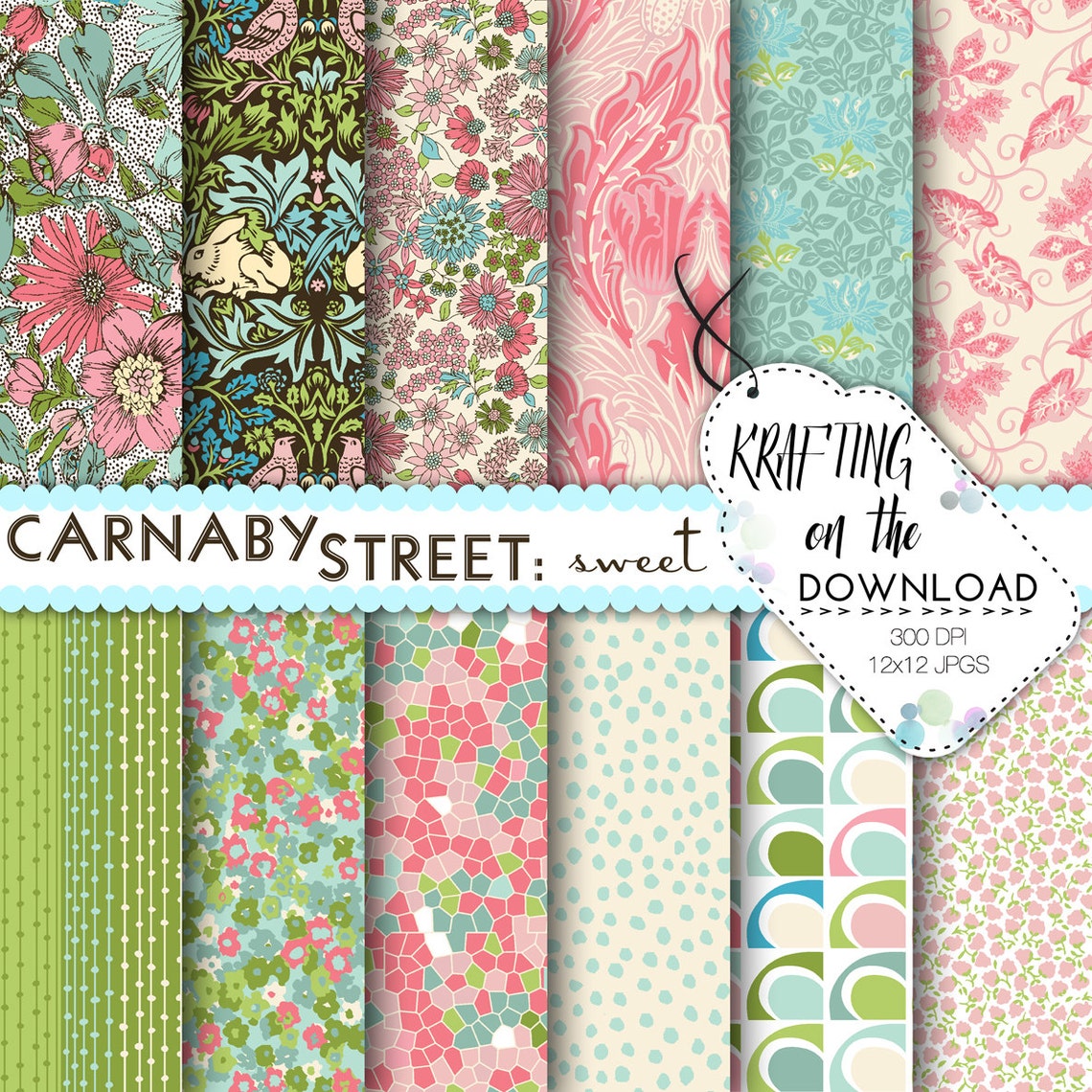 Shabby Chic Floral Digital Paper Pack Pink and Mint Blush Pink Pastel ...