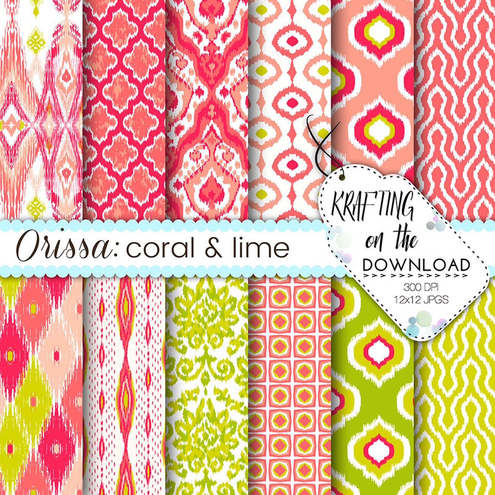 Coral and Lime Green Ikat Digital Paper Pack Ikat Design Coral, Lime ...