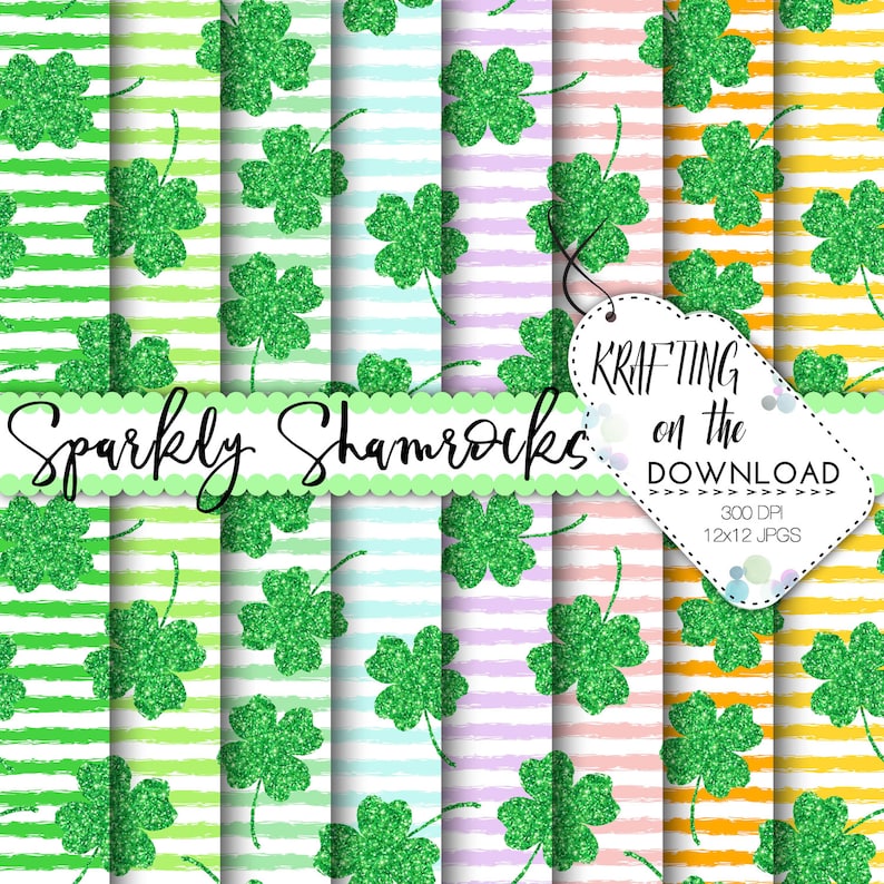 St patricks day digital paper glitter shamrock paper pack | Etsy