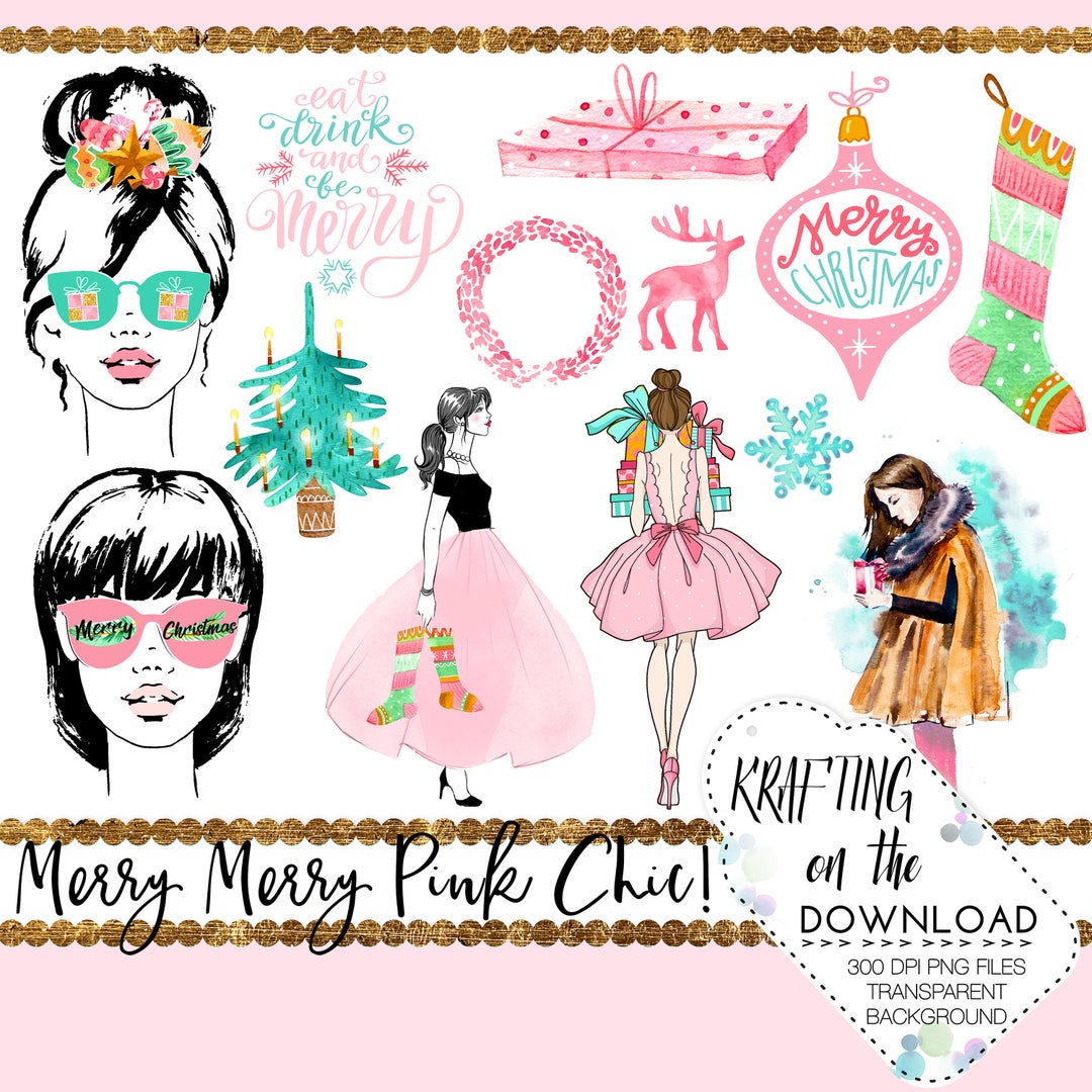 Pink Christmas Watercolor Clipart Set Pink Holiday Clip Art Christmas ...