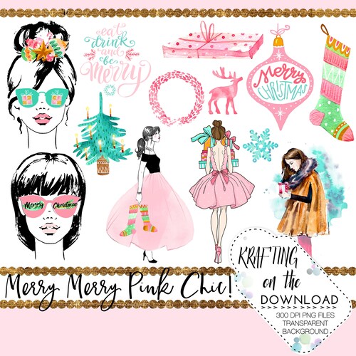 Pink Christmas Watercolor Clipart Set Pink Holiday Clip Art - Etsy