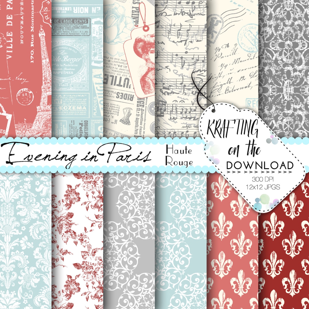 Eiffel Tower Digital Paper Pack Coral and Teal Vintage Floral Lace ...