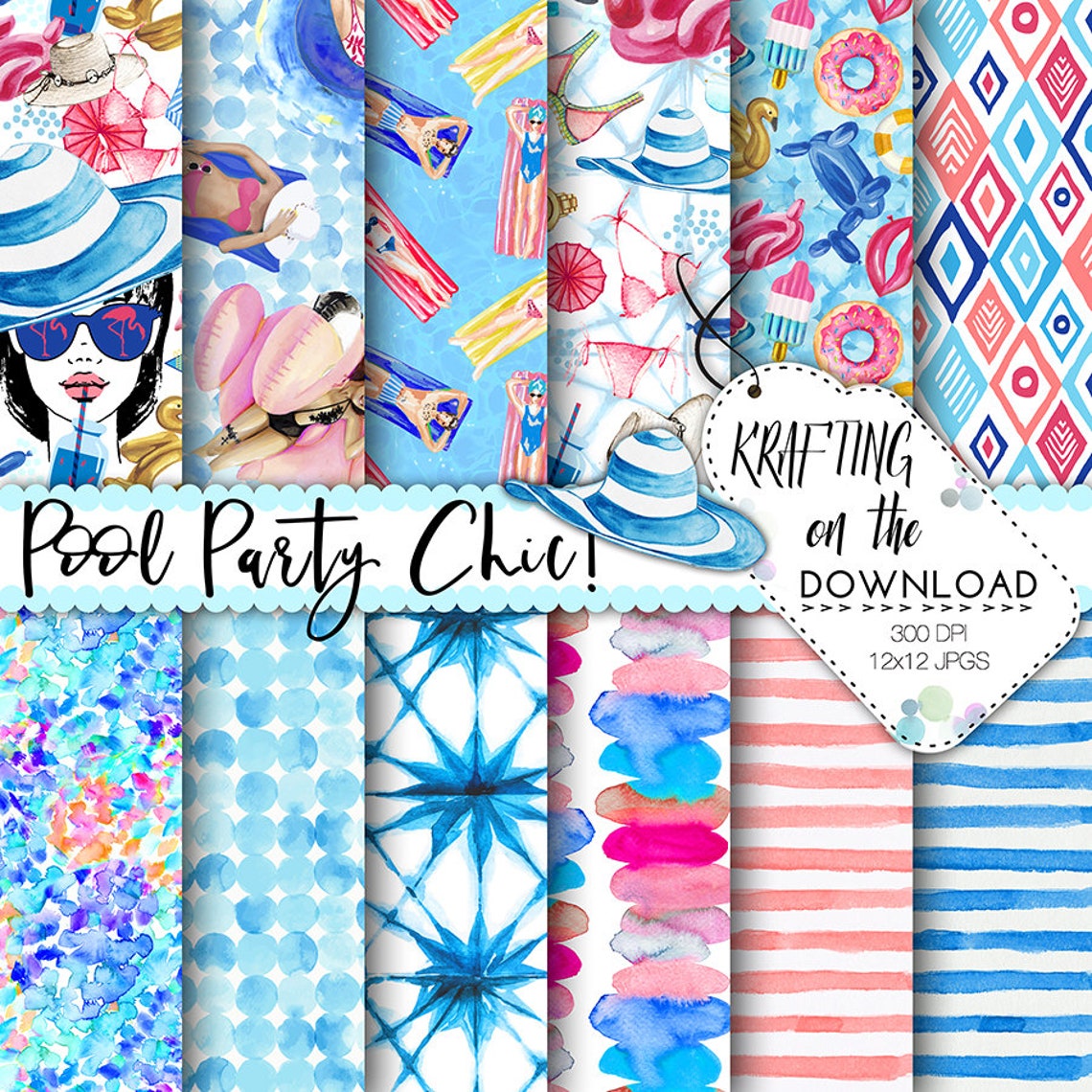 Summer Planner Girl Paper Pack Pool Party Paper Pack Watercolor Summer ...